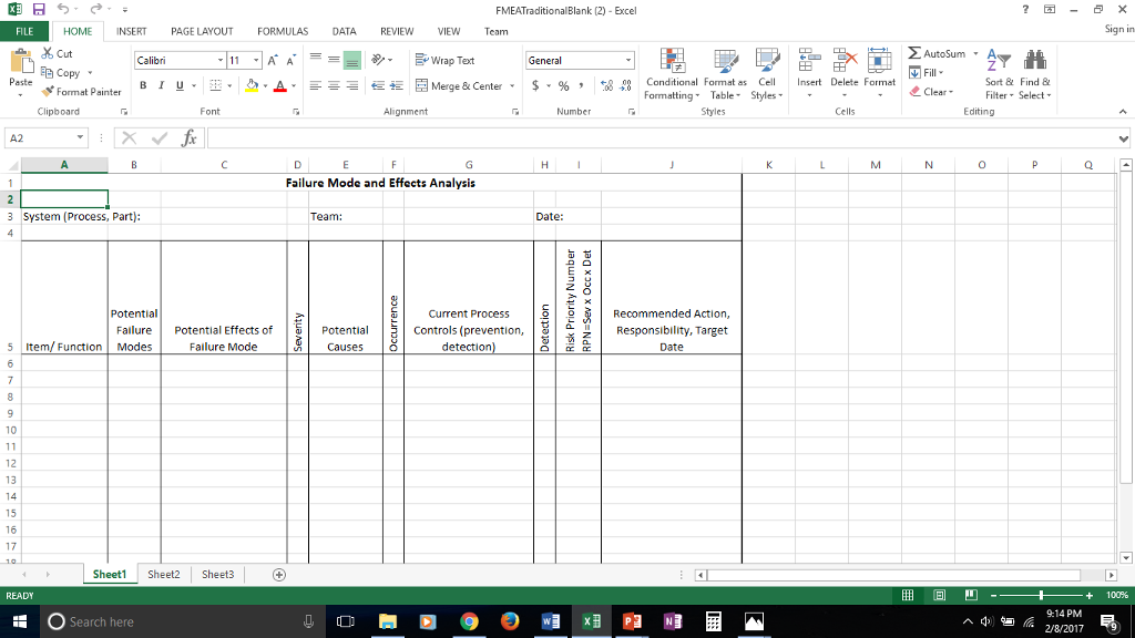 Solved FMEATraditionalBlank (2) Excel HOME NSERT PAGE LAYOUT | Chegg.com