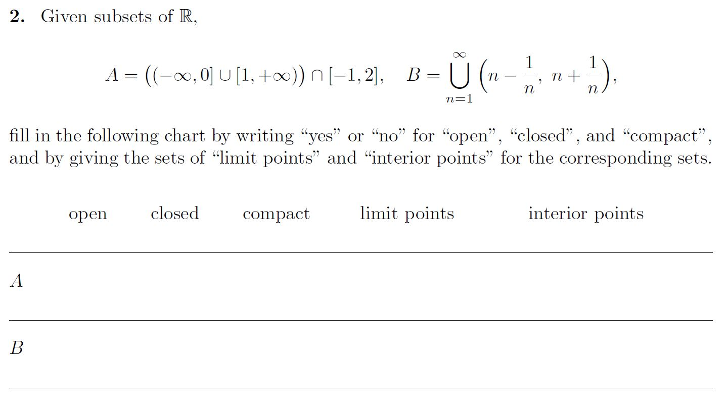 Solved Given subsets of R. A=((-infinity, 0]U[1+infinity)) | Chegg.com