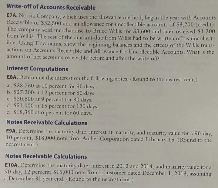 Solved Write-off of Accounts Receivable E7A. Norcia Company, | Chegg.com