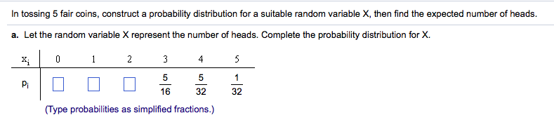 Solved In tossing 5 fair coins, construct a probability | Chegg.com