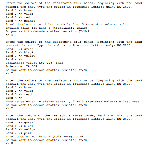 Solved Write a C program that prompts for the colors of Band | Chegg.com