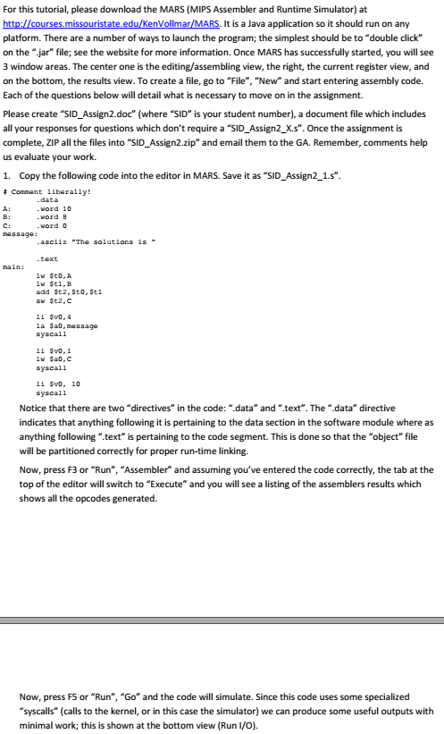 Solved For this tutorial, please download the MARS (MIPS | Chegg.com