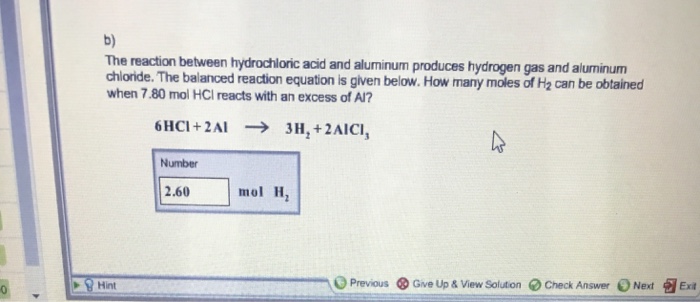 Solved The reaction between hydrochloric acid and aluminum | Chegg.com