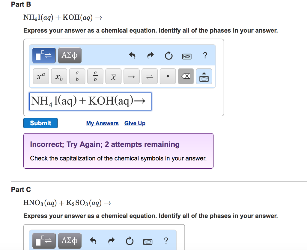 Solved Part B NHAI(aq) KOH (aq) Express your answer as a | Chegg.com