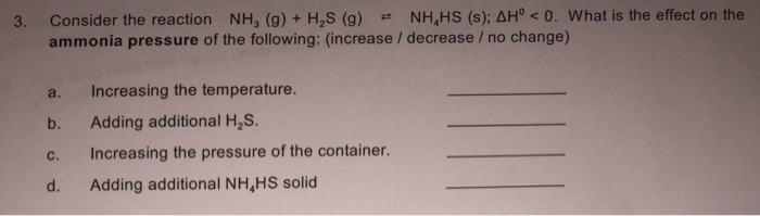 Solved 3. Consider the reaction NH3 (g) + H2S (g) | Chegg.com