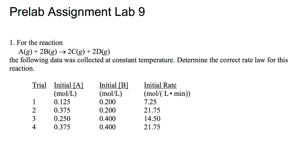 Solved Prelab Assignment Lab 9 1. For the reaction A(g) + | Chegg.com