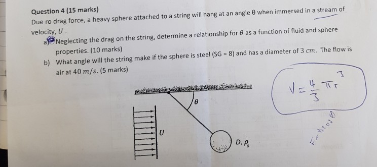 Solved Due or drag force, a heavy sphere attached to a | Chegg.com
