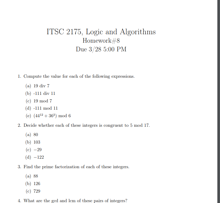 Solved ITSC 2175, Logic and Algorithms Homework# 8 Due 3/28 | Chegg.com