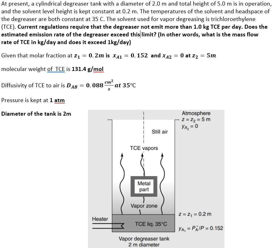 Solved At present, a cylindrical degreaser tank with a | Chegg.com