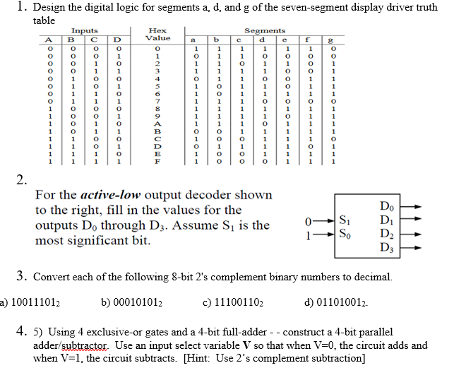 Solved l. Design the digital logic for segments a, d, and g | Chegg.com
