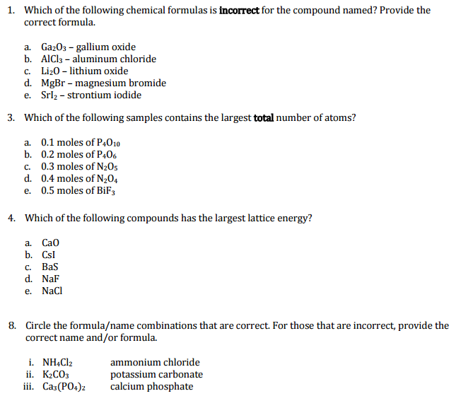 Solved Which of the following chemical formulas is incorrect | Chegg.com