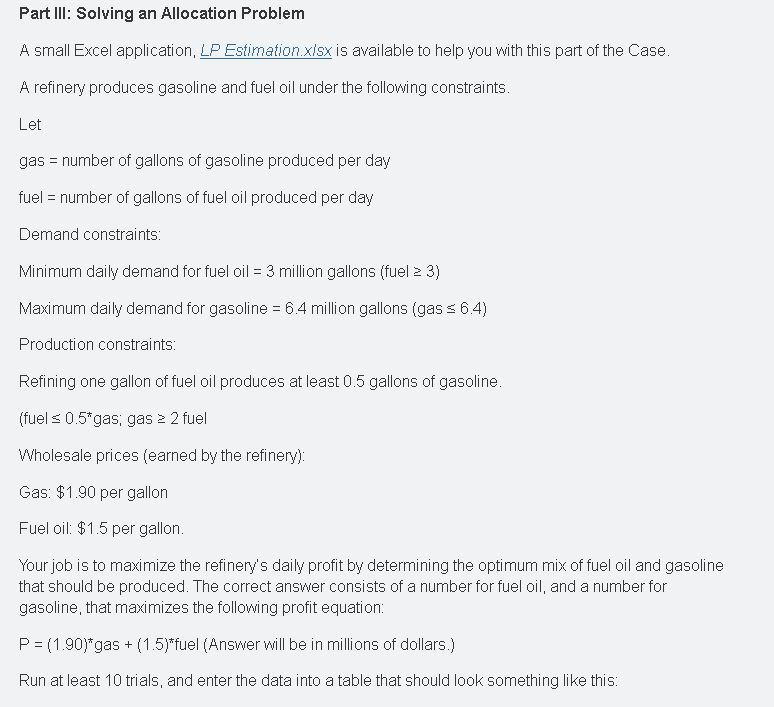 Solved Part IIl: Solving an Allocation Problem A small Excel | Chegg.com
