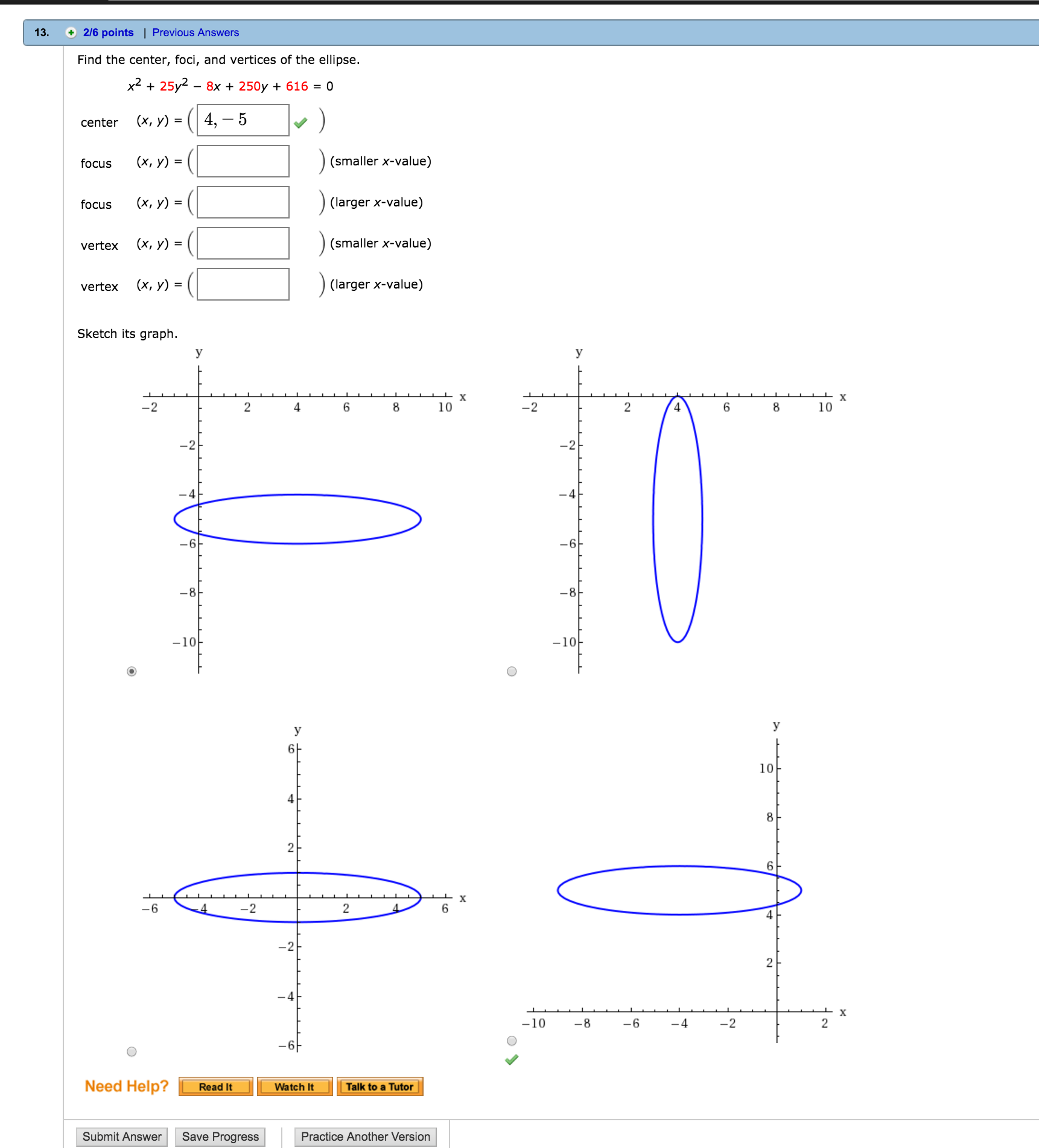 Solved Find the center, foci, and vertices of the ellipse. | Chegg.com