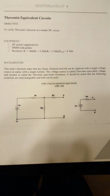 Solved EXPERIMENT 4 Thevenin Equivalent Circuits OBIECTIVE | Chegg.com