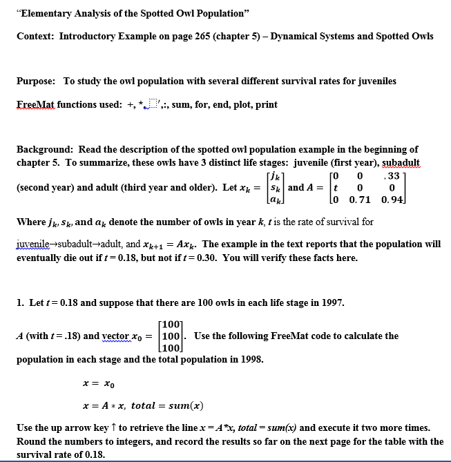 "Elementary Analysis of the Spotted Owl Population" | Chegg.com