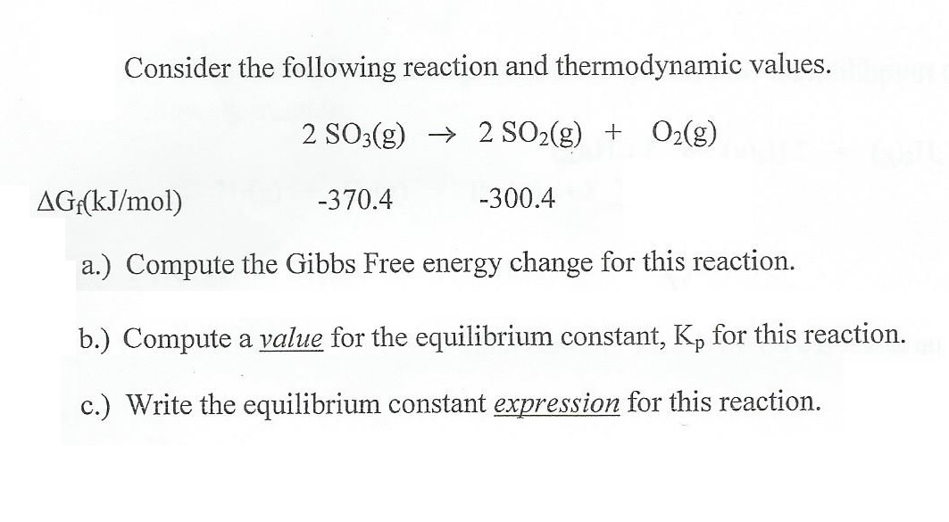Solved Consider the following reaction and thermodynamic | Chegg.com