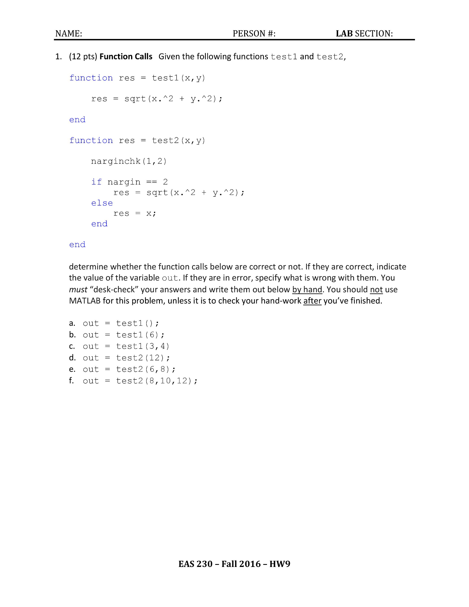 Function Calls Given the following functions test 1 | Chegg.com