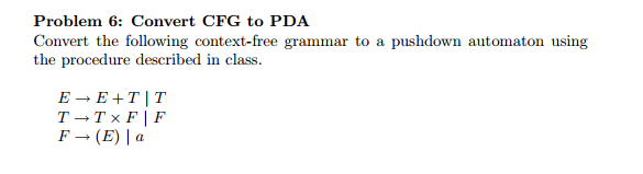 Solved Problem 6: Convert CFG to PDA Convert the following | Chegg.com