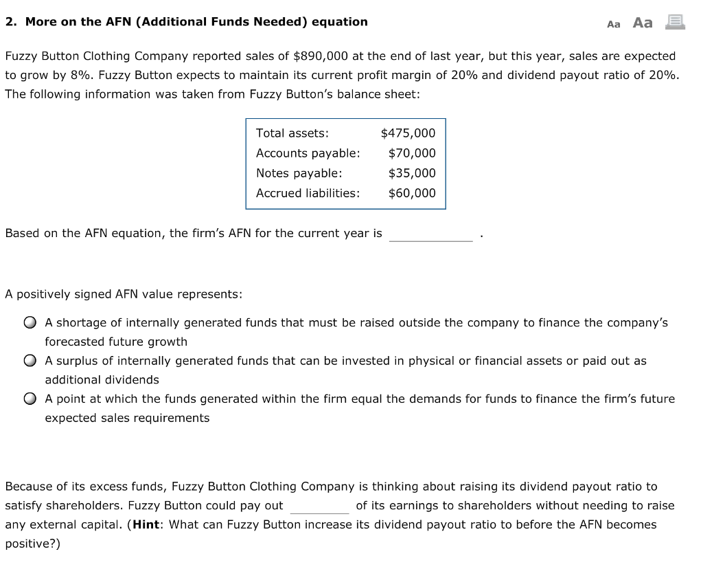 Solved 2. More on the AFN (Additional Funds Needed) equation | Chegg.com