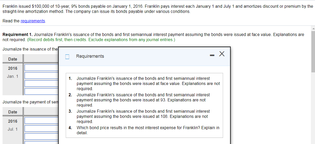 Solved Franklin issued $100,000 of 10-year 9% bonds payable | Chegg.com