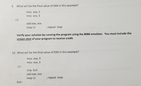 Solved 9 What Will Be The Final Value Of Eax In This 