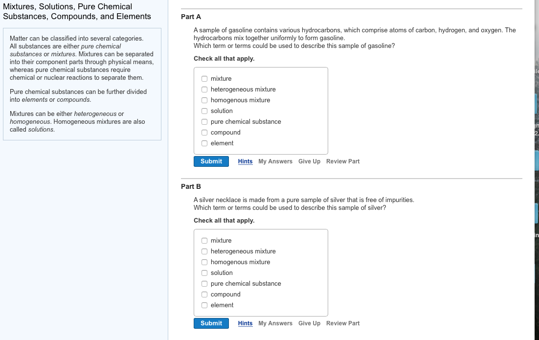 Solved Mixtures, Solutions, Pure Chemical Substances, | Chegg.com