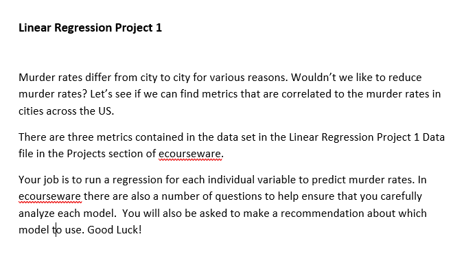 Linear Regression Project 1 Murder rates differ from | Chegg.com