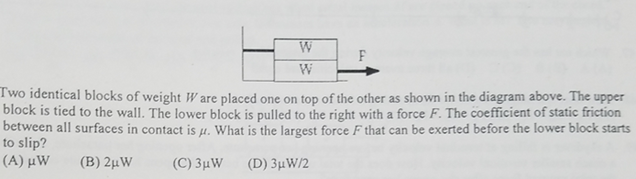 Solved Two identical blocks of weight W are placed one on | Chegg.com