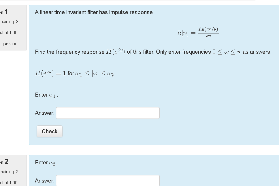 Solved A linear time invariant fiter has impulse response 3 | Chegg.com