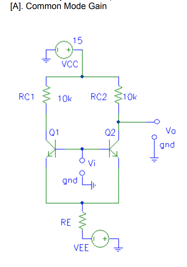 Solved 15 VCC RC1 10k RC2 10k 01 02 Vo gnd Vi gnd RE VEE | Chegg.com