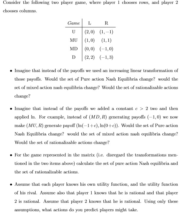 Solved Consider the following two player game, where player | Chegg.com