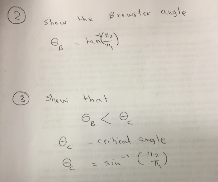 Solved Show the Brewster angle theta B = tan^-1(n2/n1) Show | Chegg.com