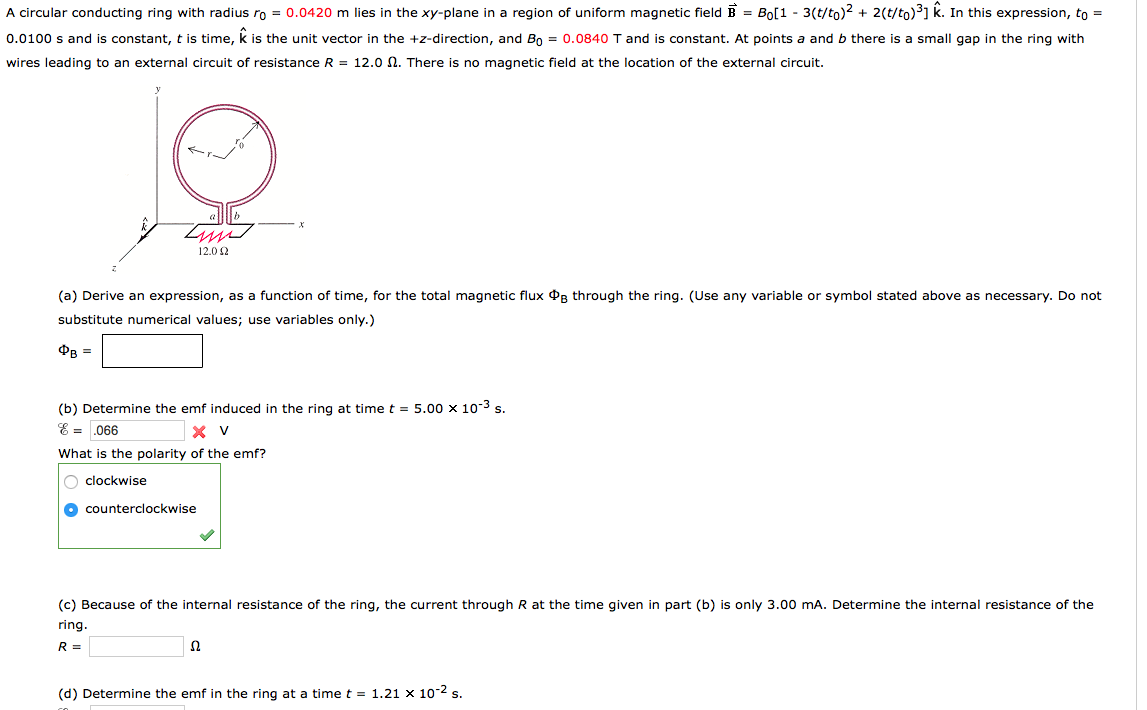 Solved A circular conducting ring with radius r0 = 0.0420 m | Chegg.com