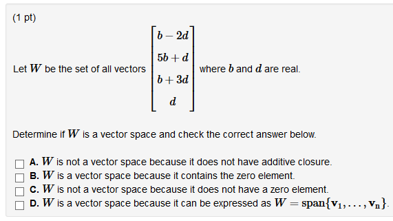 Solved 1 pt) T1 Let W be the subset of R3 consisting of all | Chegg.com