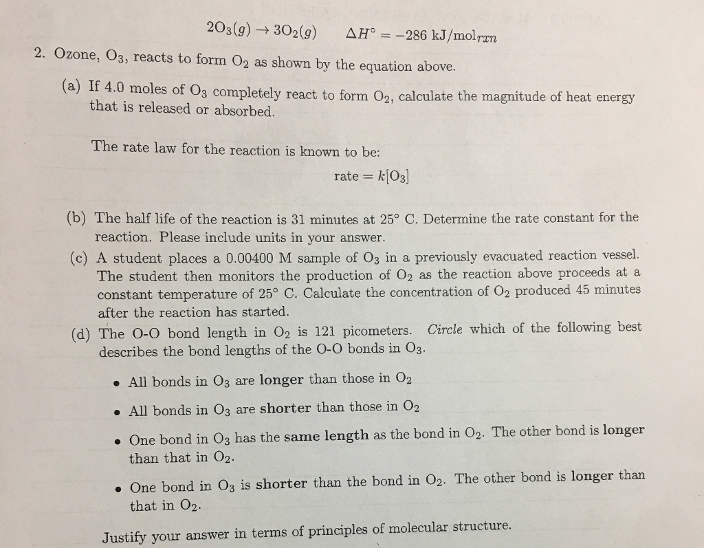 Solved 203(g) 302(9) AH286 kJ/molrm 2. Ozone, O3, reacts to | Chegg.com