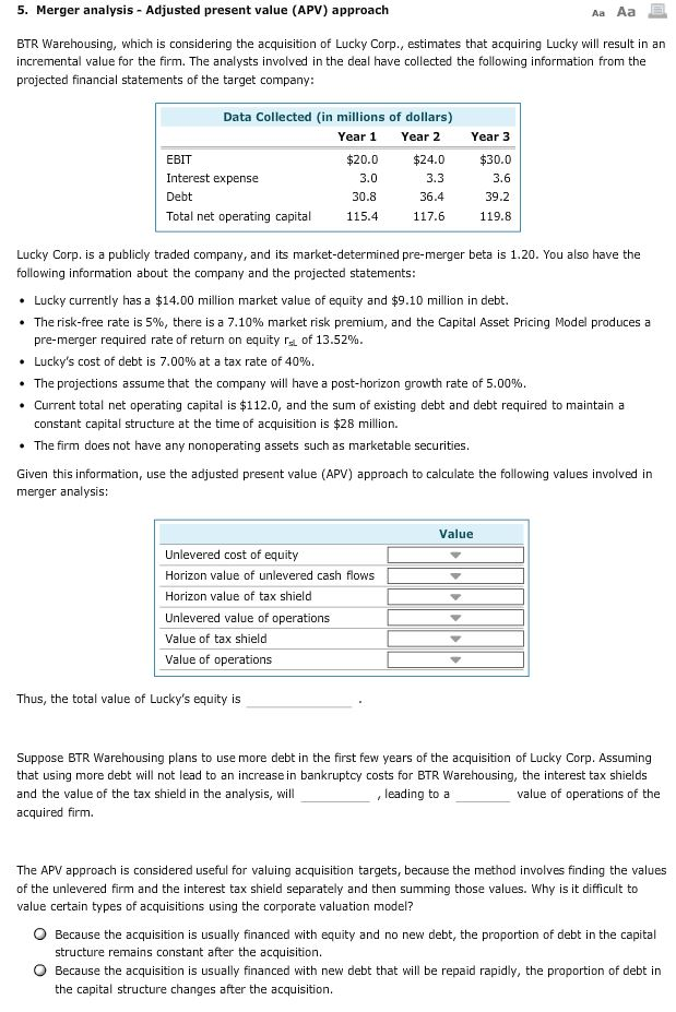 Solved 5. Merger analysis Adjusted present value (APV) | Chegg.com