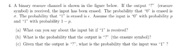 Solved 4. A binary erasure channel is shown in the figure | Chegg.com