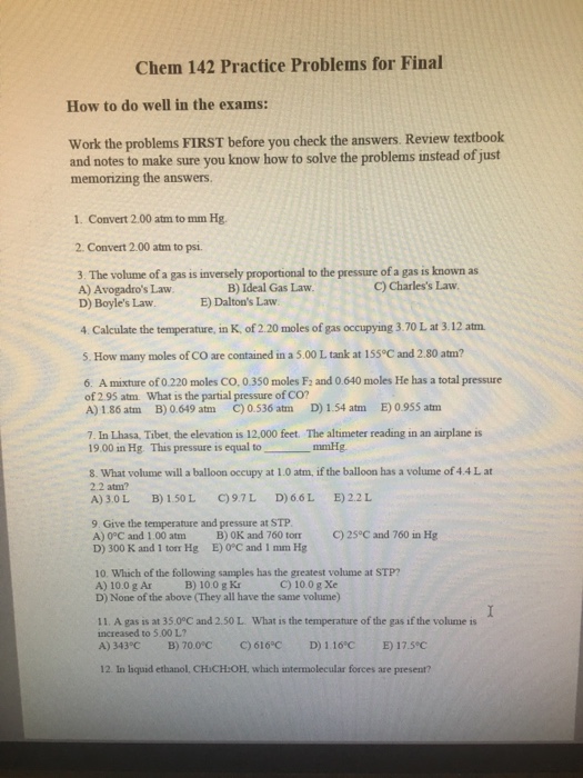 Solved Chem 142 Practice Problems for Final How to do well | Chegg.com