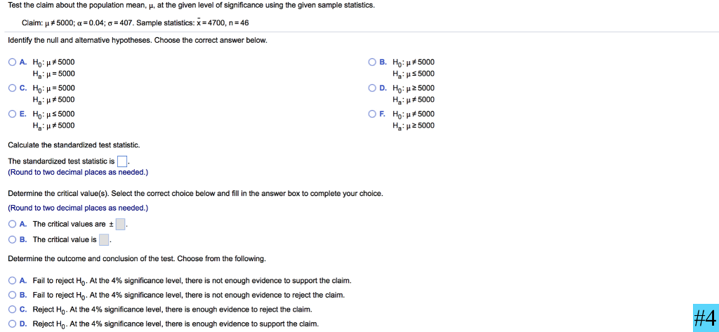 Solved Test the claim about the population mean, mu, at the | Chegg.com