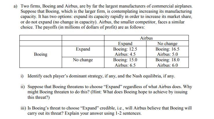 Solved a) Two firms, Boeing and Airbus, are by far the | Chegg.com