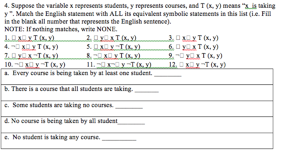 Solved 4. Suppose the variable x represents students, y | Chegg.com