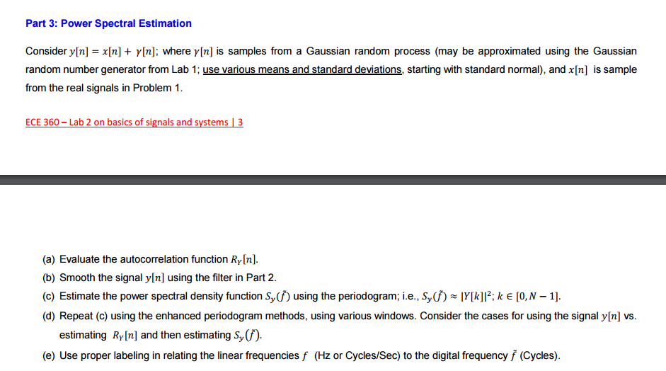 Part 3: Power Spectral Estimation Consider y [n] = | Chegg.com