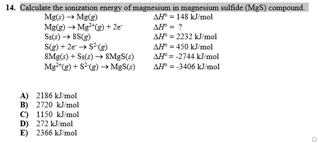 Solved Calculate the ionization energy of magnesium in | Chegg.com