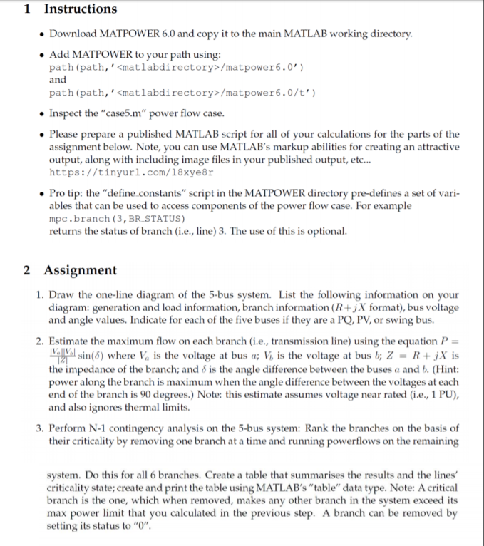 Solved 1 Instructions Download MATPOWER 6.0 and copy it to | Chegg.com