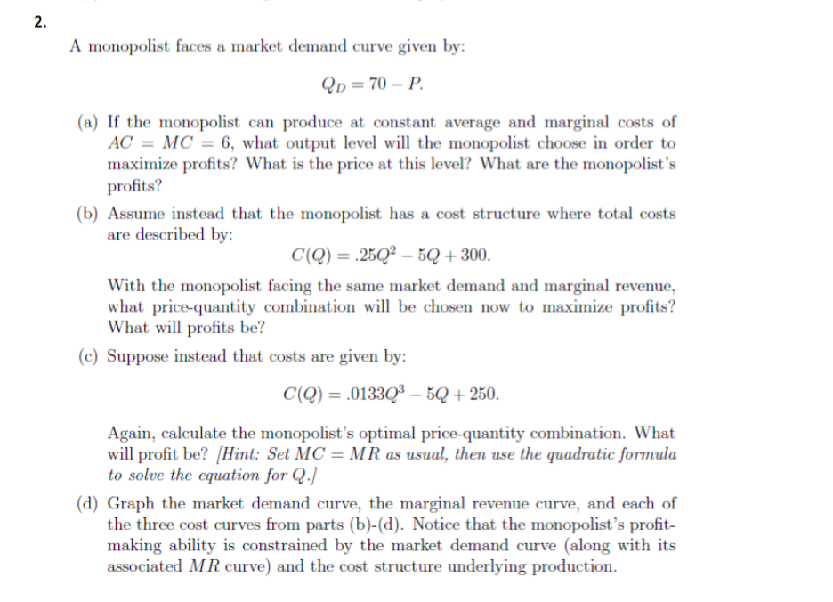 Solved A monopolist faces a market demand curve given by: | Chegg.com