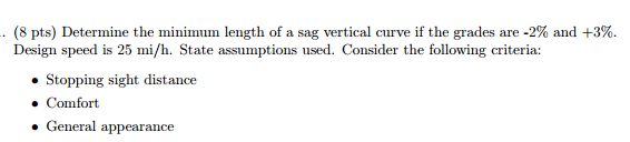 Solved Determine the minimum length of a sag vertical curve | Chegg.com