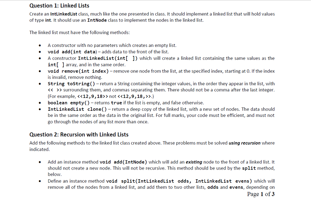 Solved Question 1: Linked Lists Create an IntLinkedList | Chegg.com