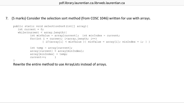 Solved Consider The Selection Sort Method From Cosc 1046