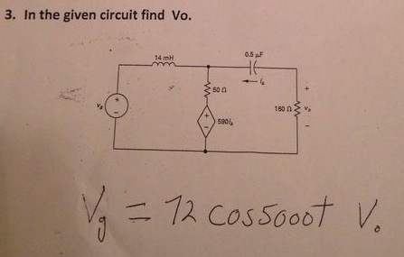 Solved In the given circuit find V0. Vg = 72 cos500t V0 | Chegg.com