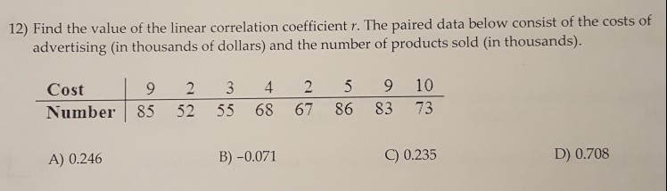 Solved of 12) Find the value of the linear correlation | Chegg.com